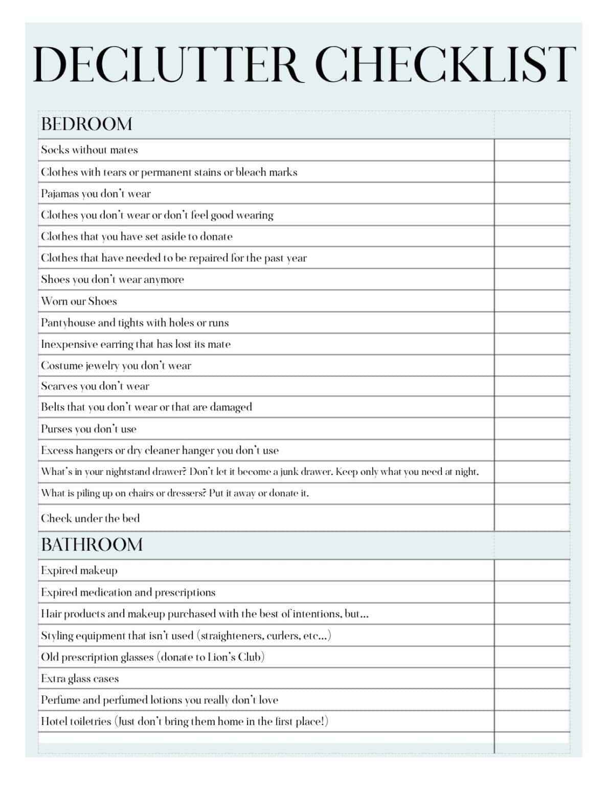 Declutter Checklist for Bedrooms and Bathrooms · Nourish and Nestle